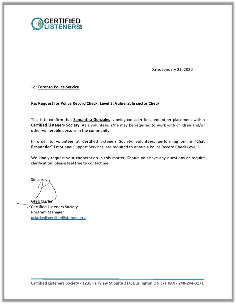 Police Request Letter – Certified Listeners Society